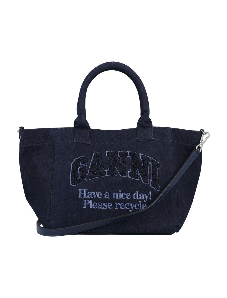 Ganni Logo Detailed Shopper Bag In Blue - 14% Off | Editorialist