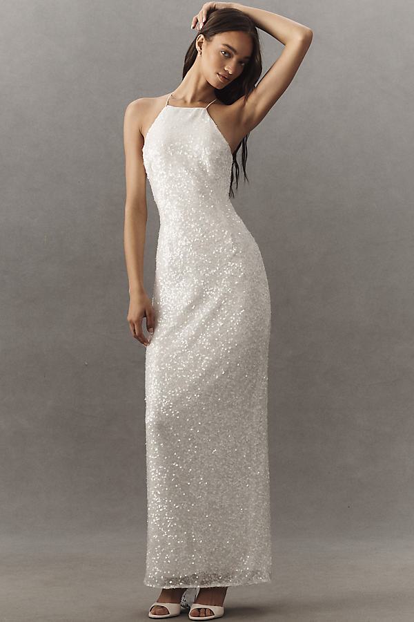 Sachin Babi Morgan Halter Cut-Out Sequin Maxi Dress White
