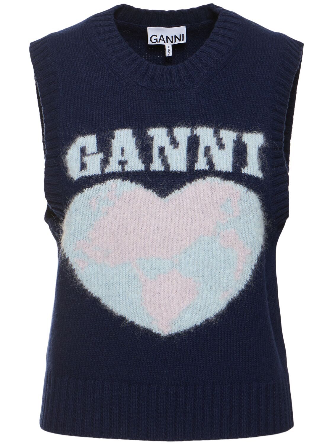 Ganni Graphic Soft Wool Blend Logo Vest - Blue | Editorialist