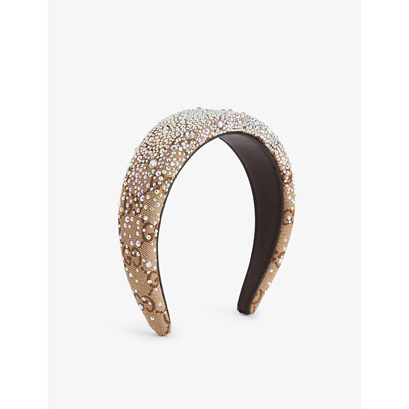 Gucci Crystal-Embellished Logo-Print Woven Head Band - Camel Ebony ...
