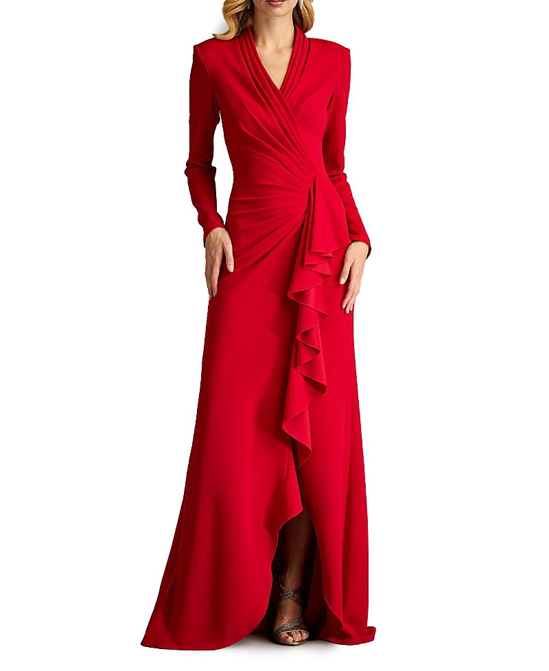 Tadashi Shoji Markum Long-Sleeve Flounce Gown - Red | Editorialist