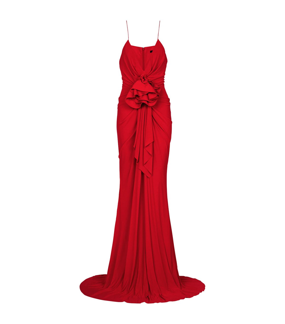 Balmain Draped Rose-Appliqué Maxi Dress In Red - 40% Off | Editorialist