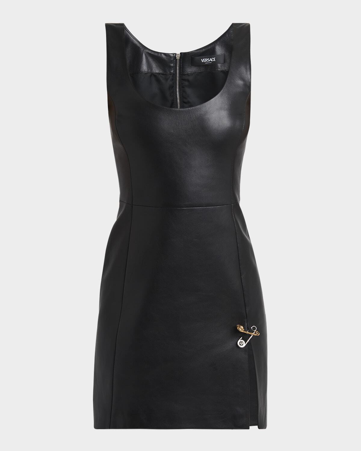 Versace Two-Tone Safety-Pin Slit Leather Mini Dress - Black | Editorialist
