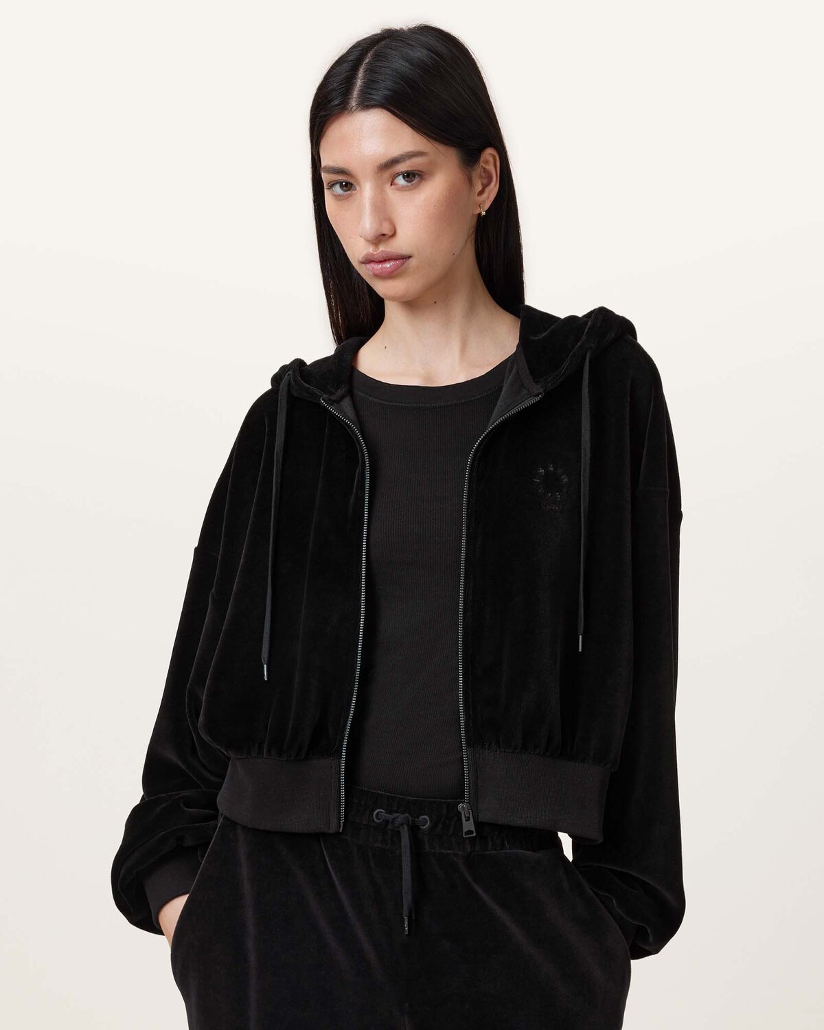 All Saints Vinny Relaxed Fit Zip Up Velvet Hoodie - Black | Editorialist