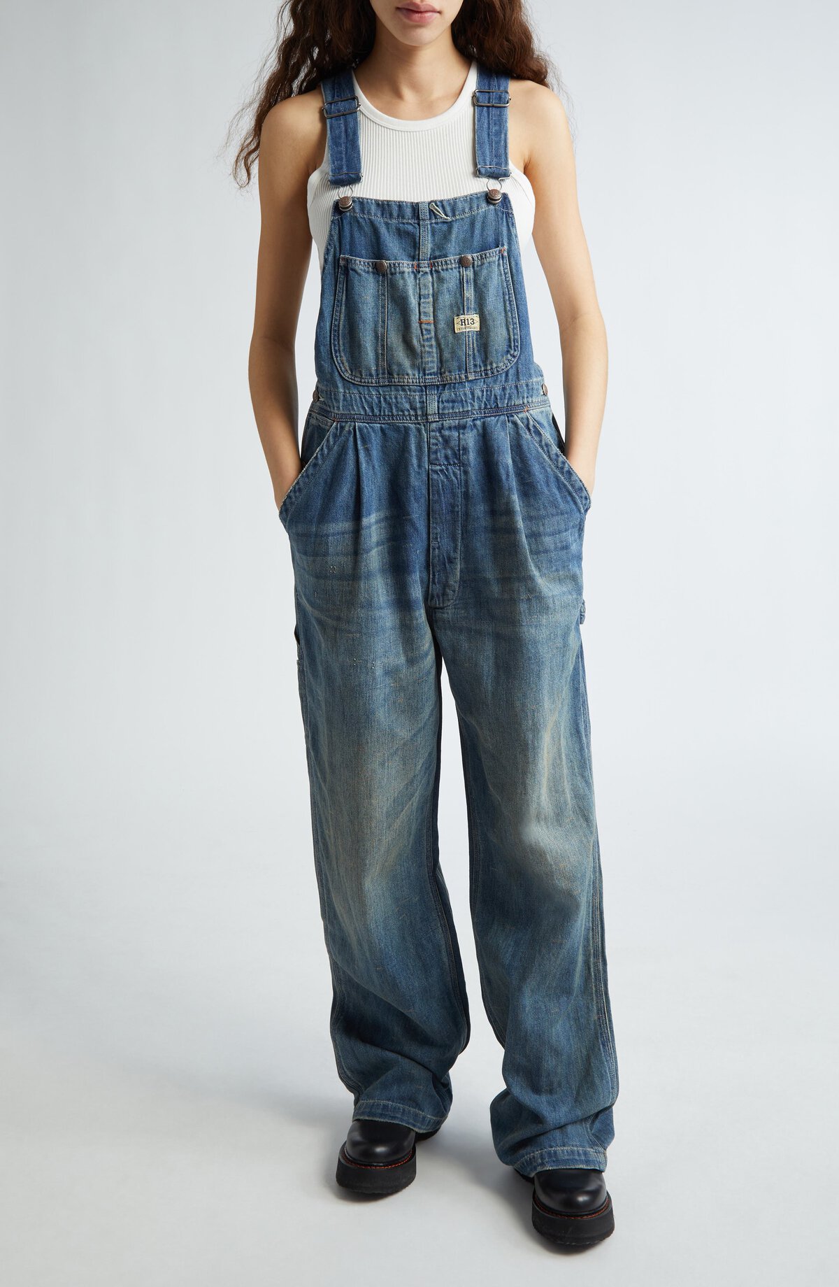 R13 Damon Pleated Wide Leg Denim Overalls - Weber Linen Indigo ...