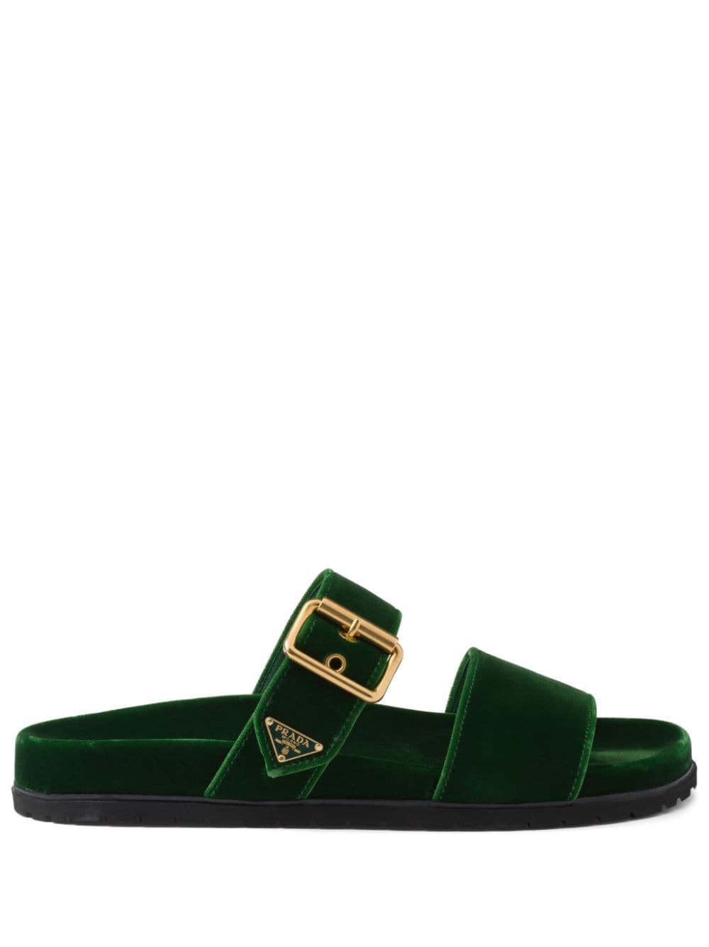 Prada Enamel Triangle-logo Velvet Slides - Green | Editorialist