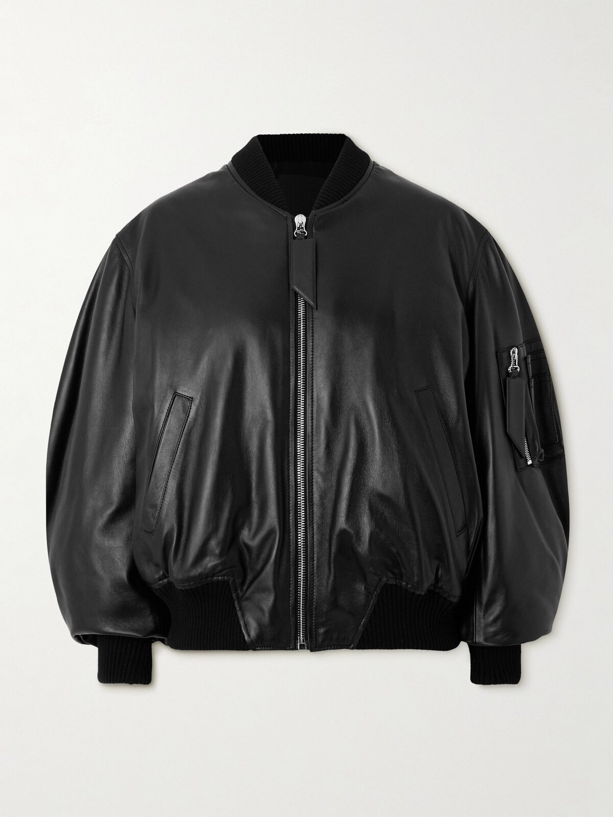 Oversized Leather Bomber Jacket | Black Elastic Trim Design