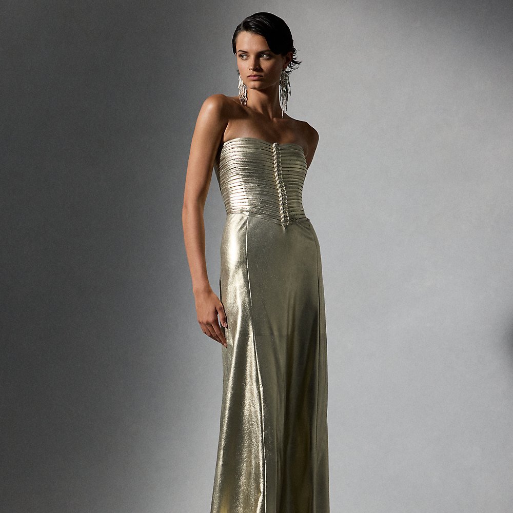 Ralph Lauren Kaylen Laminated Suede Evening Dress - Platinum | Editorialist