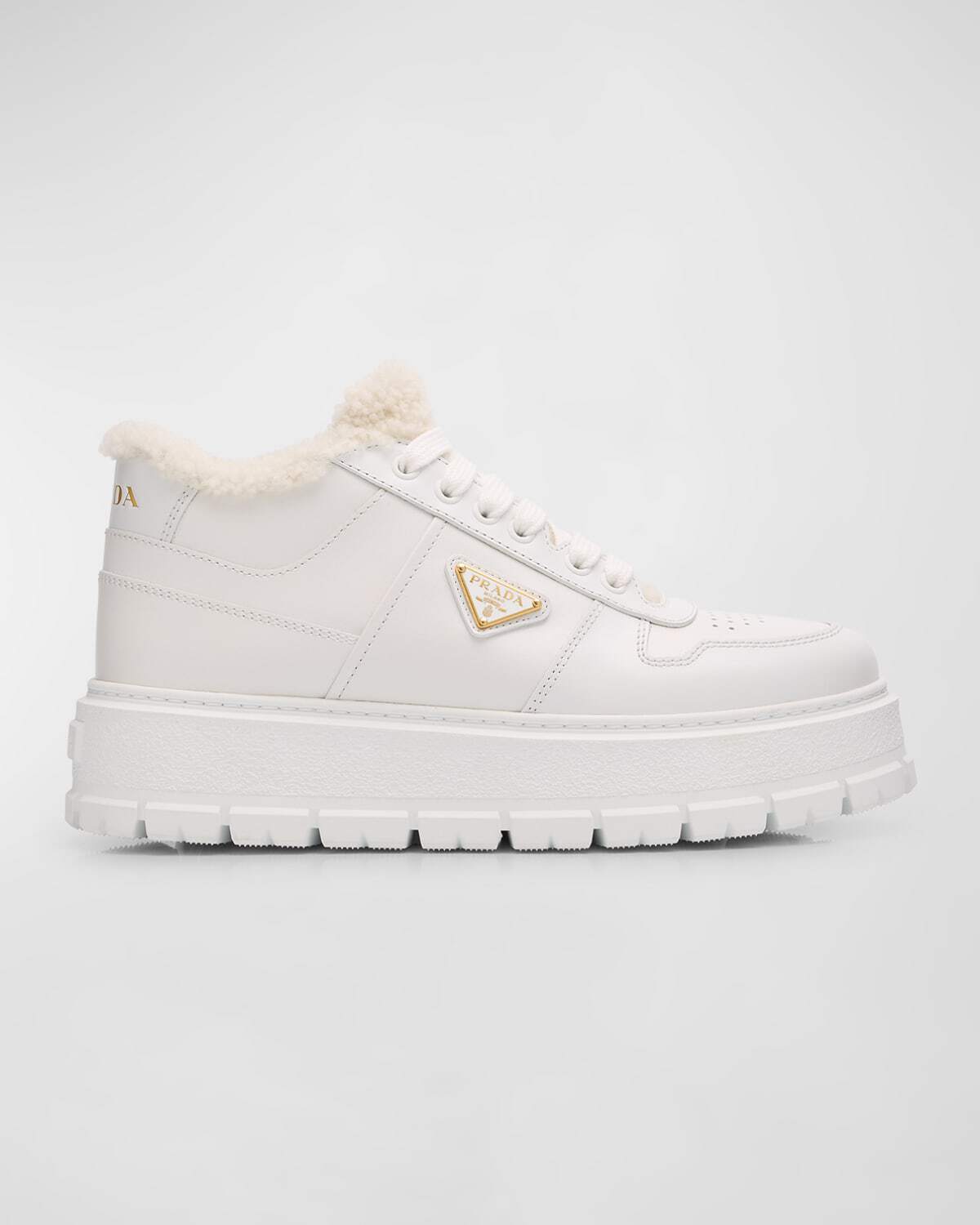 Prada Leather Shearling Mid-Top Sneakers - Bianco | Editorialist
