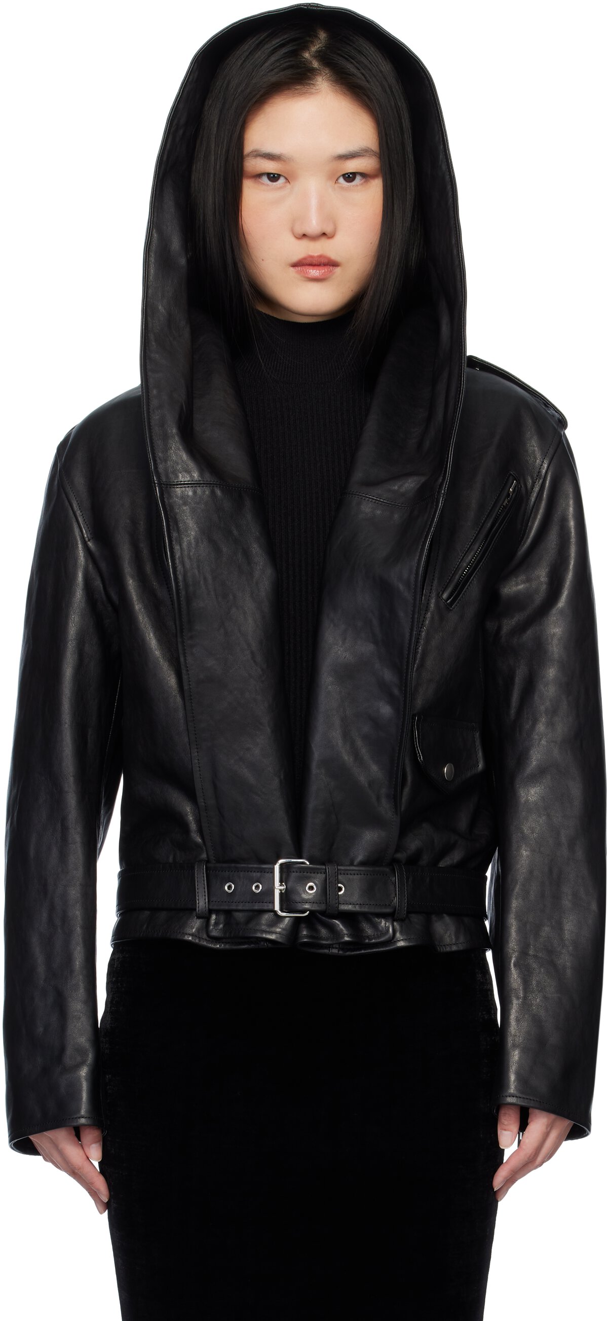 AlaïA Black Hooded Biker Leather Jacket 995 Noir Alaia