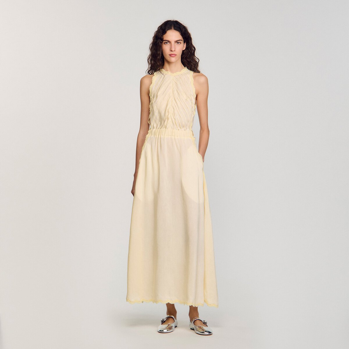 Sandro Maxi Dress With Lace Details - Light Yellow | Editorialist