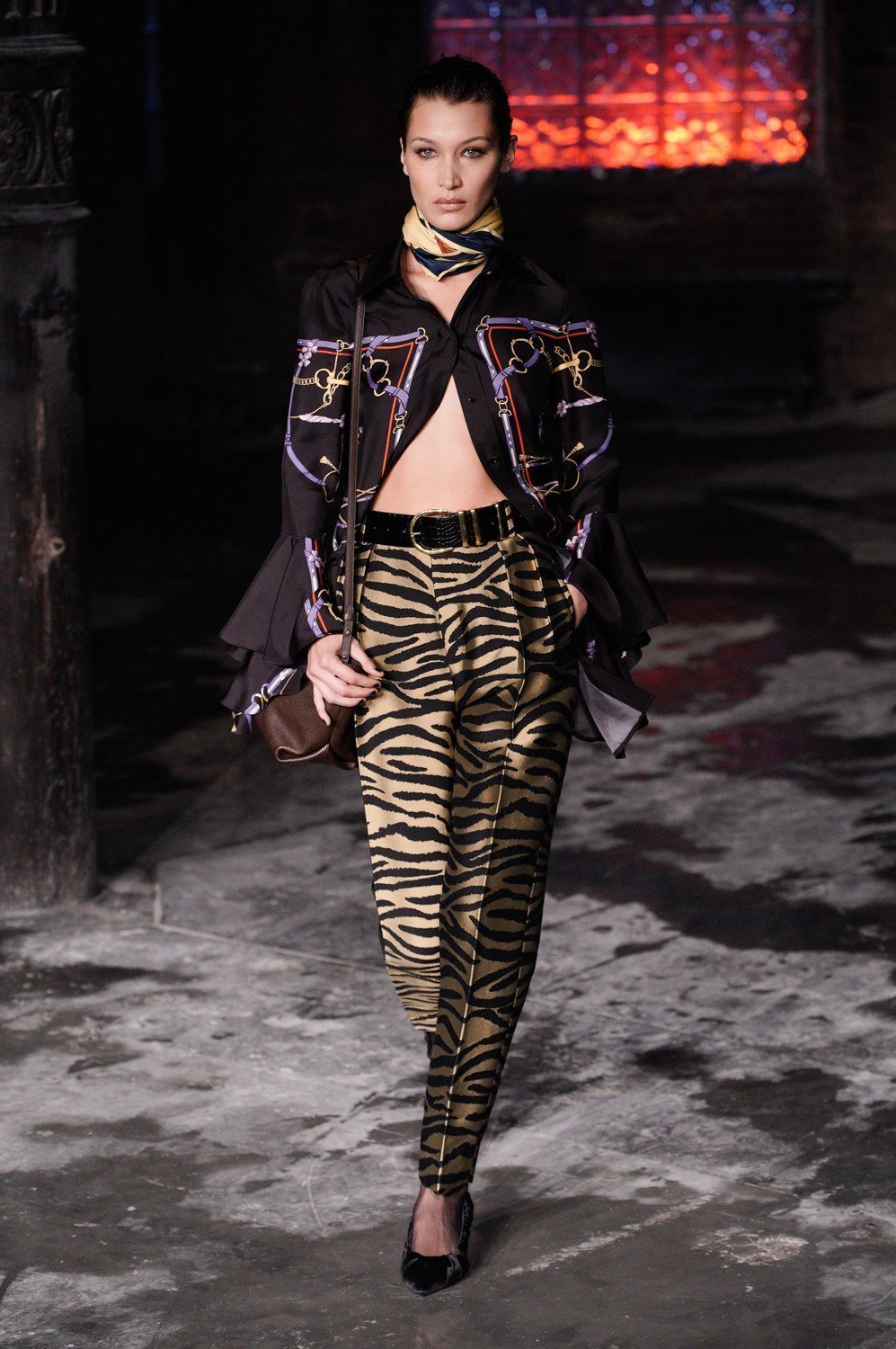 Khaite FW20 Bella Hadid Printed Top Paired with Belted Animal Print Trousers