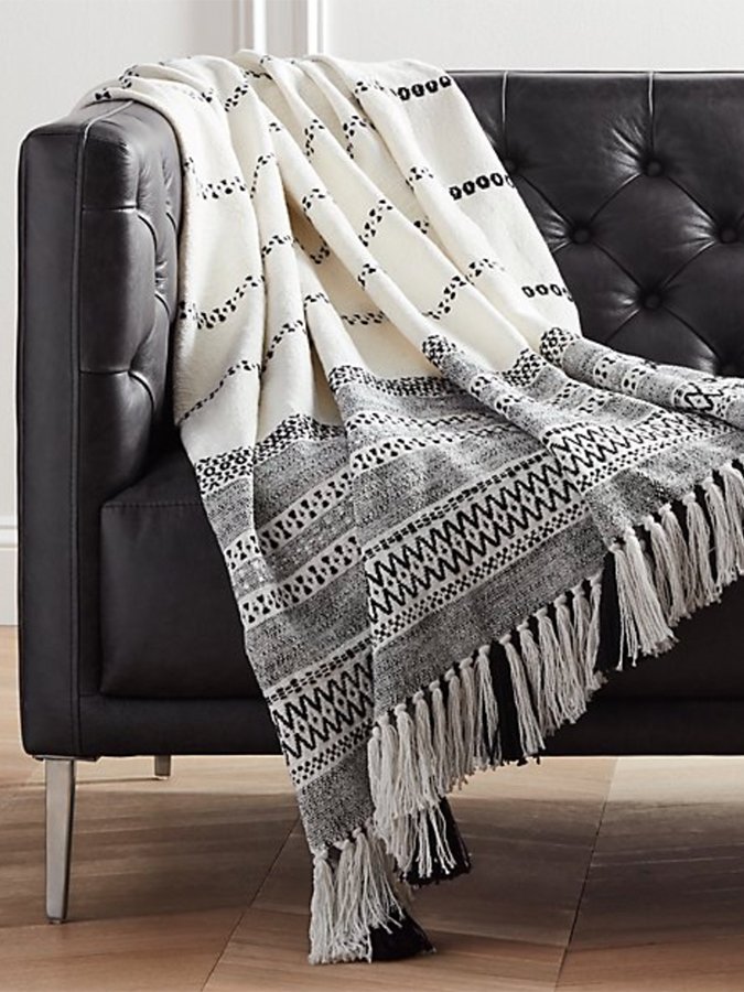 Room Decor_0004_23a JEMA BLACK AND WHITE THROW WITH TASSELS CB2 Exclusive CB2 - Jemma Black and White Throw Blanket