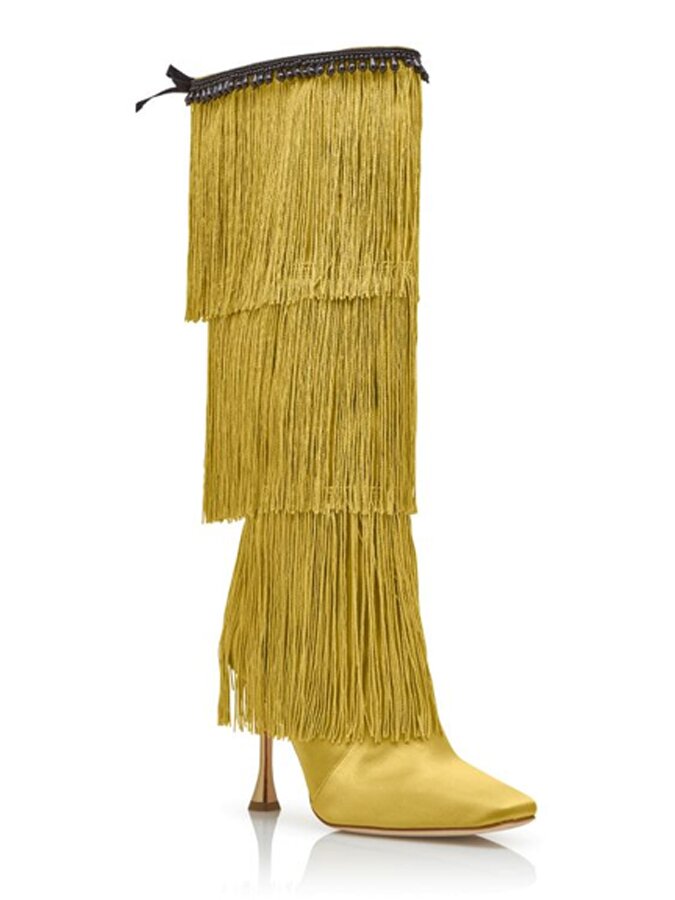 Manolo Blahnik - FLEQUILLOHI Yellow Satin Fringe Detail Knee High Boots