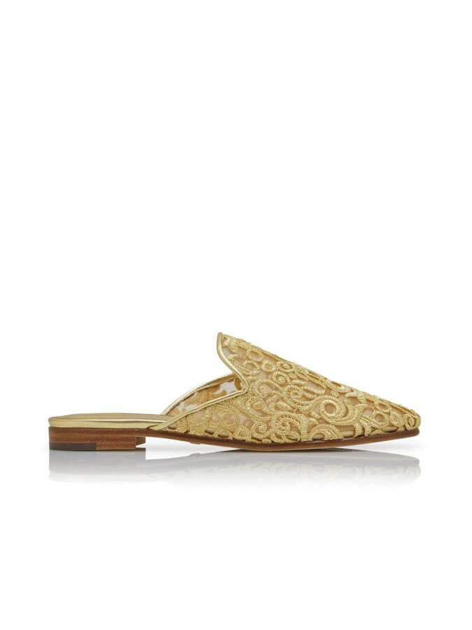 Manolo Blahnik - MARIAMU Gold Lace Macramé Flat Mules