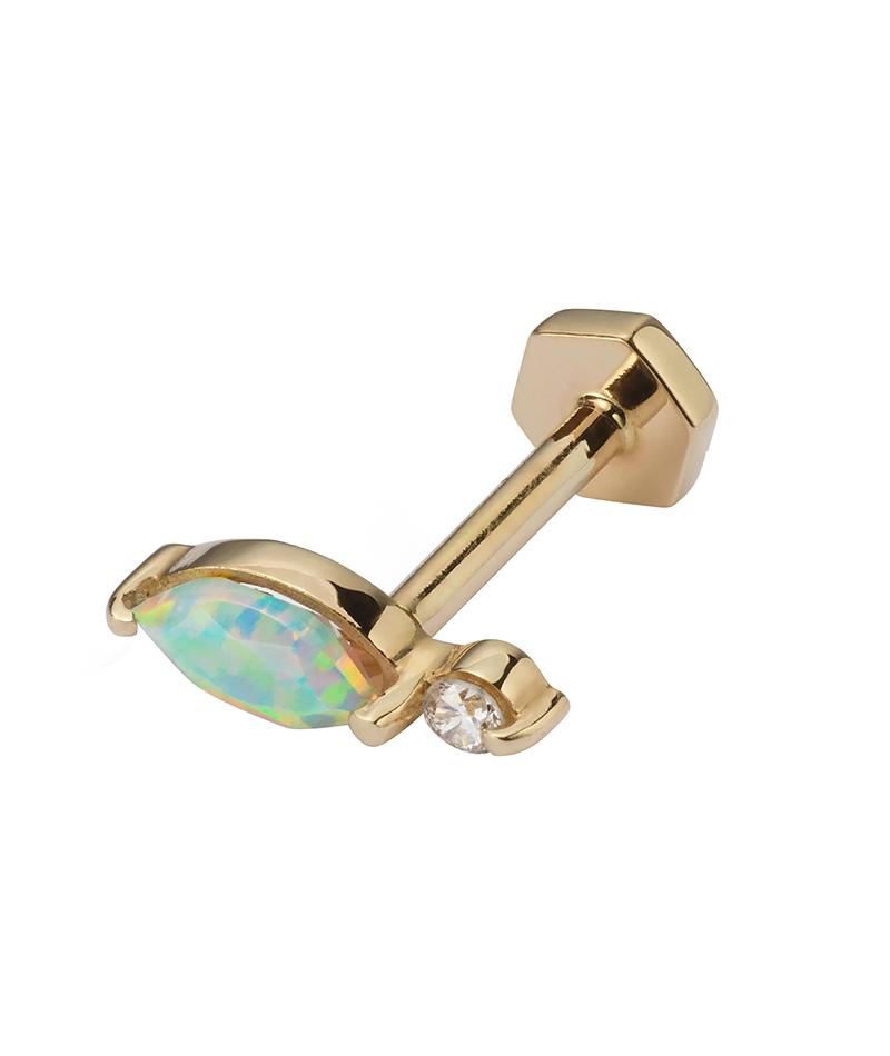 Wildlike-VERTICAL MARQUISE OPAL AND ROUND DIAMOND THREADED YELLOW GOLD SINGLE STUD EARRING