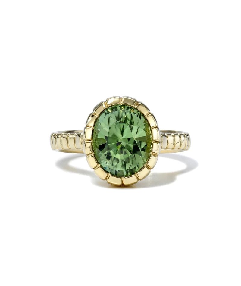 Retrouvai-Heirloom Bezel Oval Mint Green Tourmaline Yellow Gold Ring