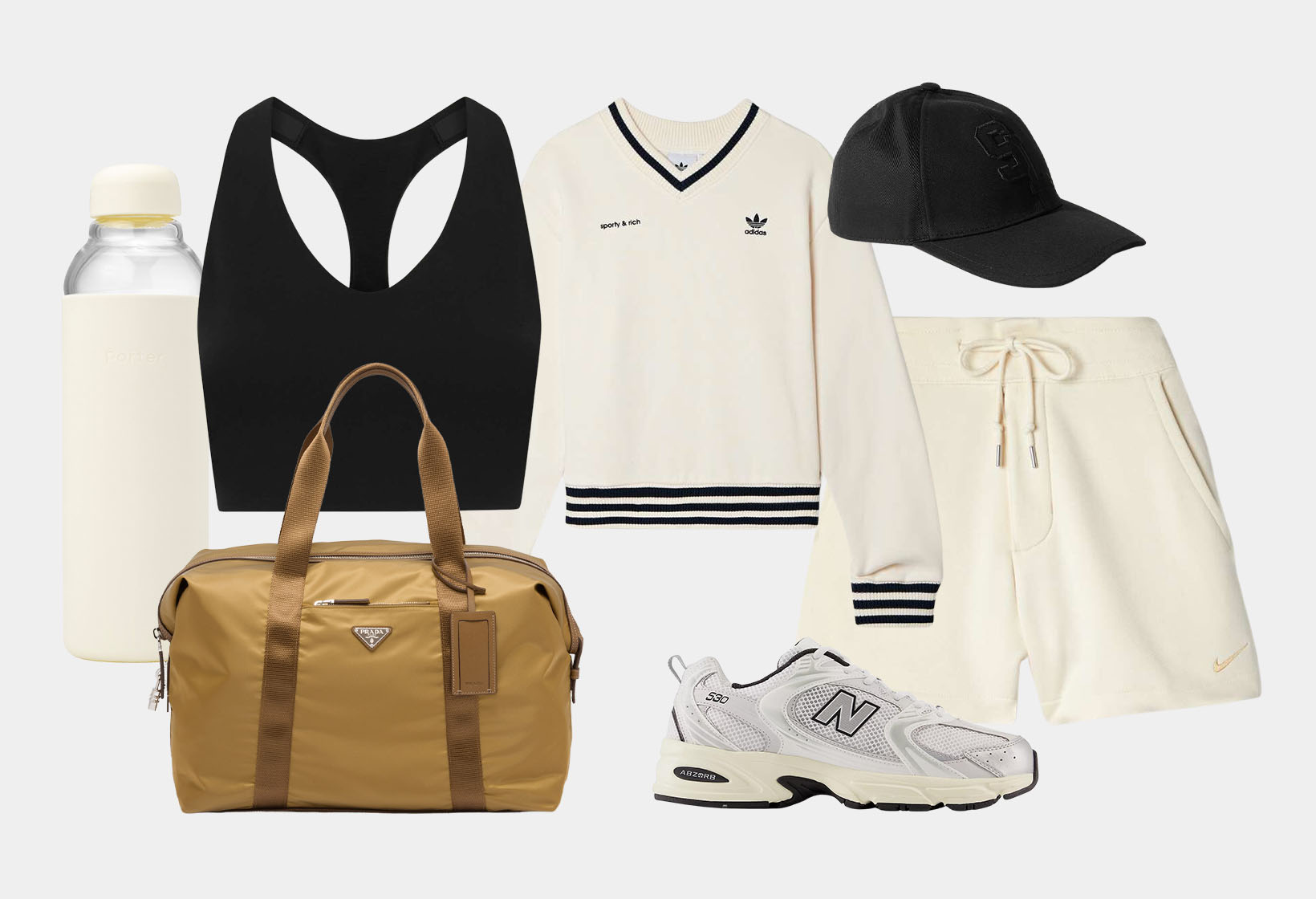 Athleisure ensemble featuring a black sports bra%2C cream sweatshirt with navy stripes%2C cream shorts%2C and New Balance sneakers%2C complemented by a Prada duffel bag and water bottle