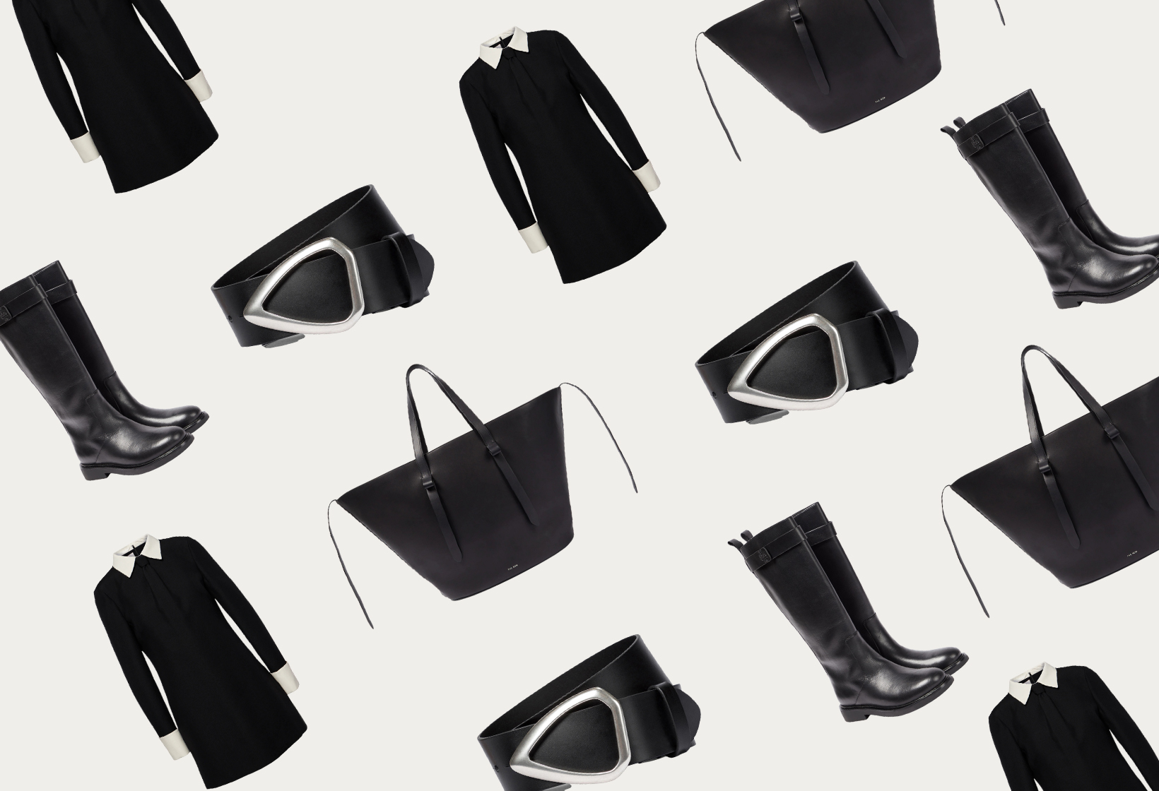 Chic black dress with white collar%2C paired with sleek leather knee-high boots%2C a modern black tote bag%2C and a stylish belt featuring a silver buckle