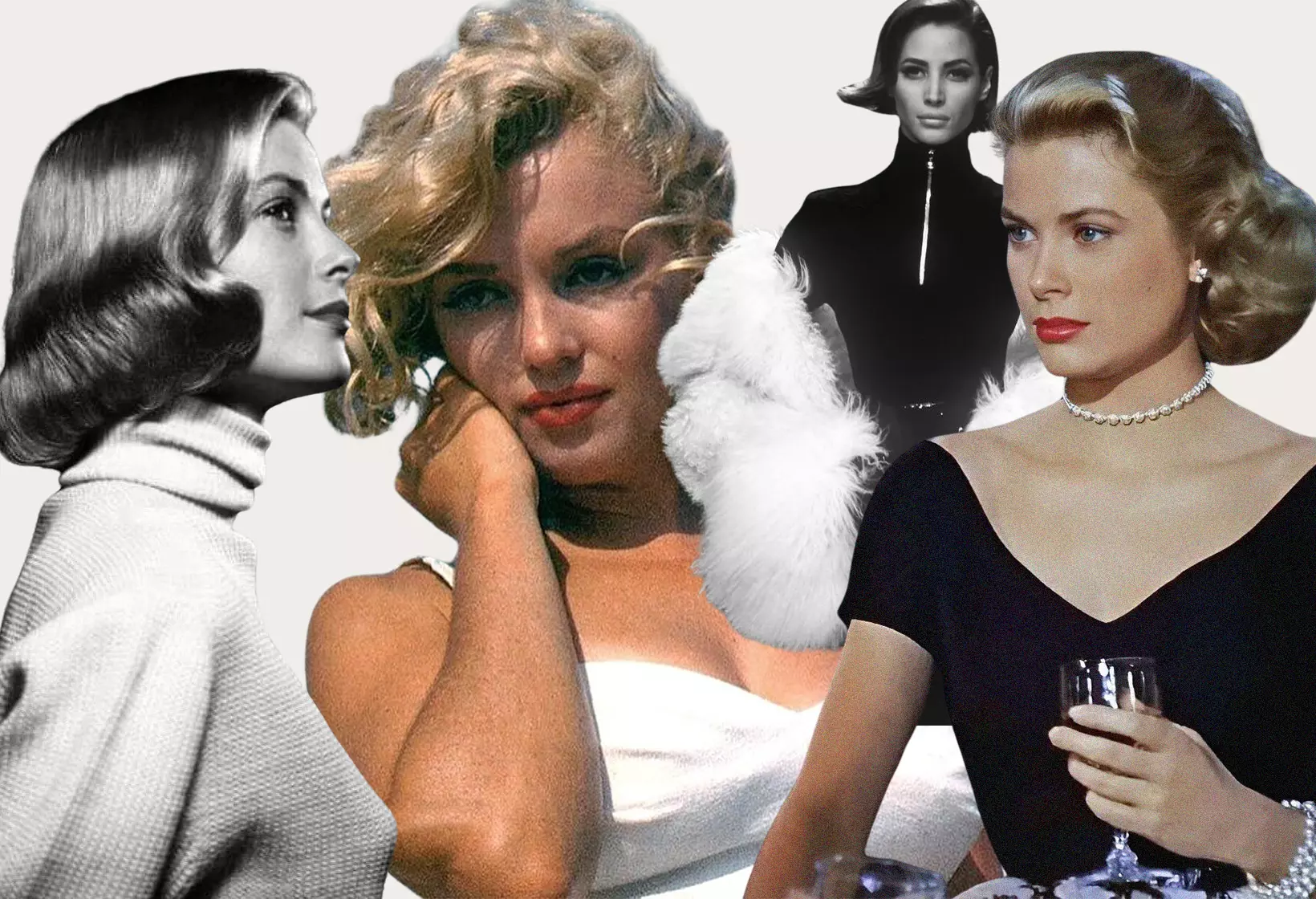 Classic vintage hairstyle montage featuring glamorous looks inspired by iconic stars like Marilyn Monroe and Grace Kelly%2C showcasing timeless elegance