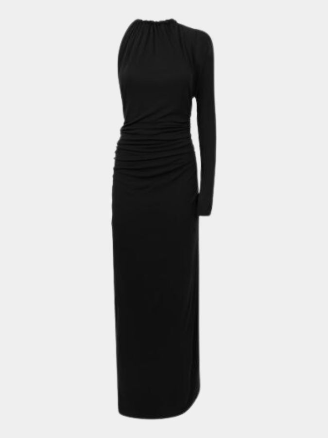  - Atelier Fitted One Shoulder Velvet Bow Maxi Dress
