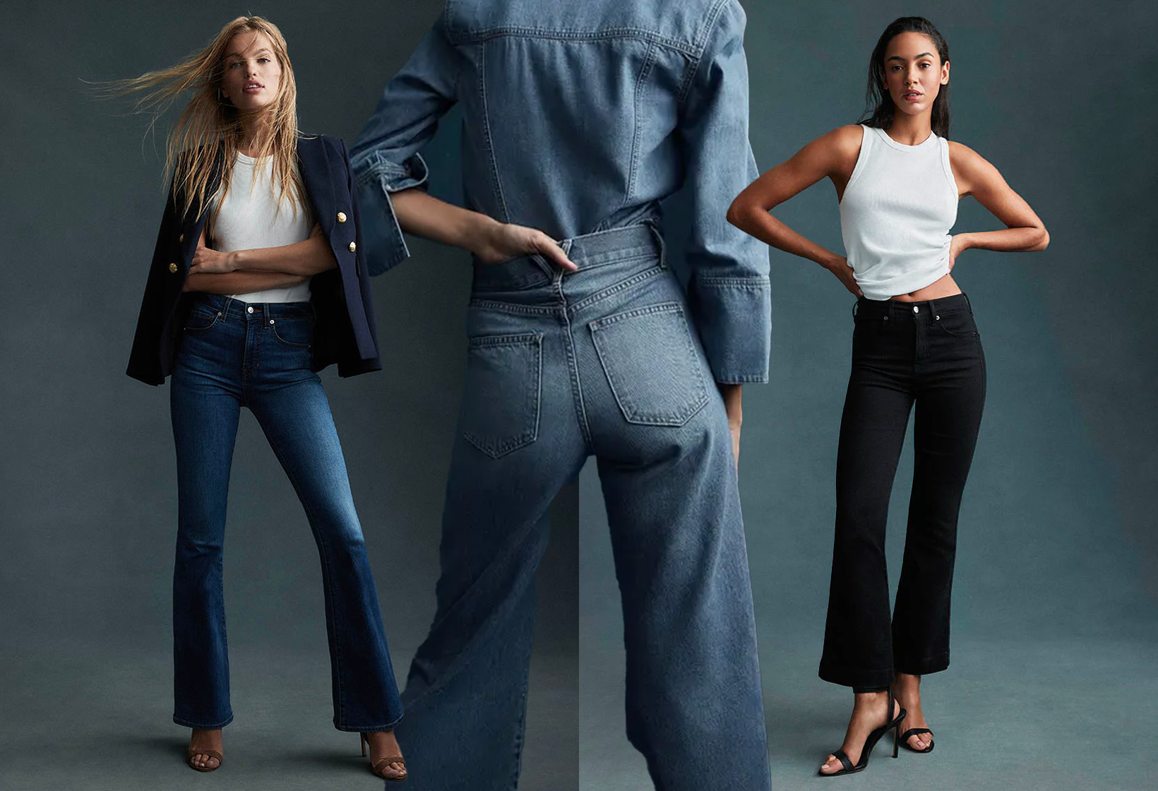 Denim styles from Veronica Beard showcasing a fitted black tank top paired with high-waisted black flared jeans and a chic%2C dark blazer