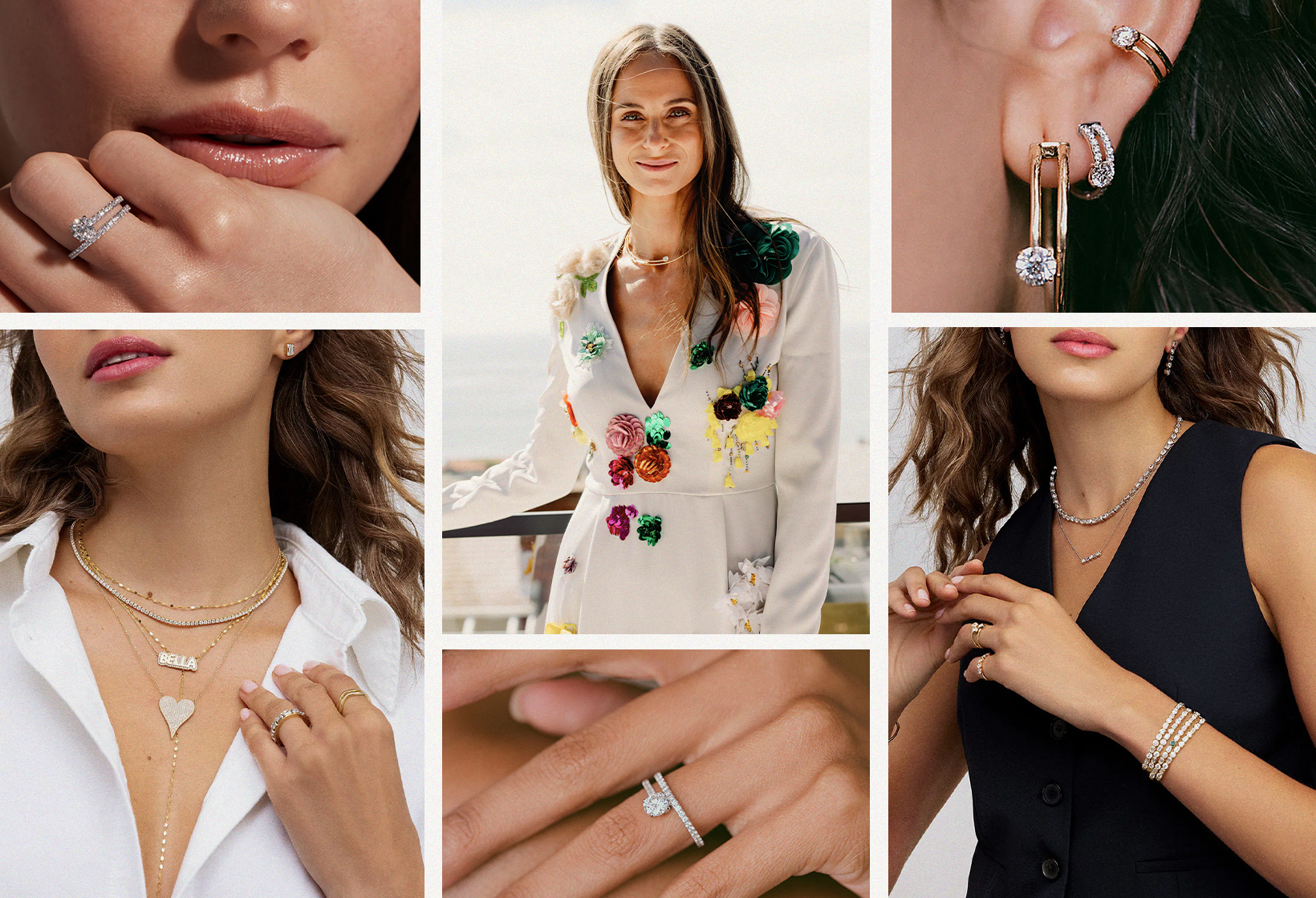 Stylish women showcase modern fine jewelry by Stephanie Gottlieb%2C featuring delicate rings%2C layered necklaces%2C and elegant earrings against vibrant floral attire