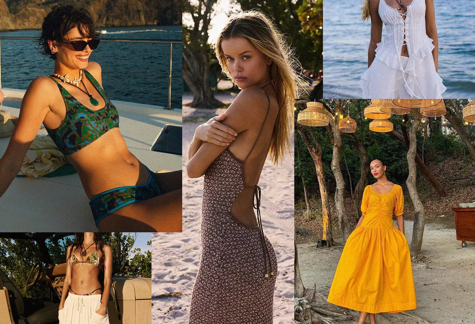 Bohemian vacation outfits showcasing a vibrant green printed bikini%2C a flowing floral maxi dress%2C and a sunny yellow puff-sleeve dress by Free People
