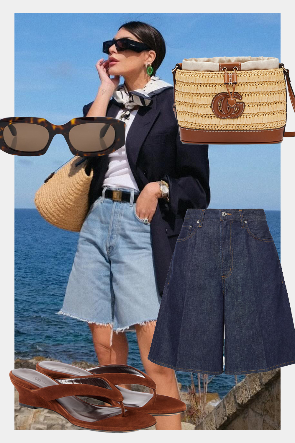 Stylish summer outfit featuring light blue denim shorts%2C a black oversized blazer%2C and brown suede wedge sandals%2C complemented by a Gucci straw bucket bag and chic sunglasses