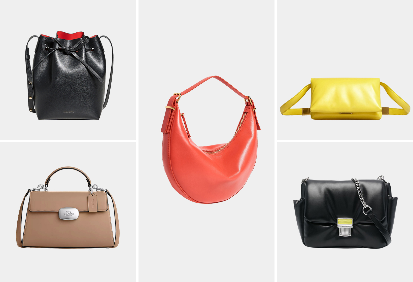 Chic collection of Loewe-inspired bags featuring a structured black bucket bag%2C a vibrant coral hobo%2C a sleek yellow crossbody%2C a sophisticated tan satchel%2C and a modern black clutch with metallic accents