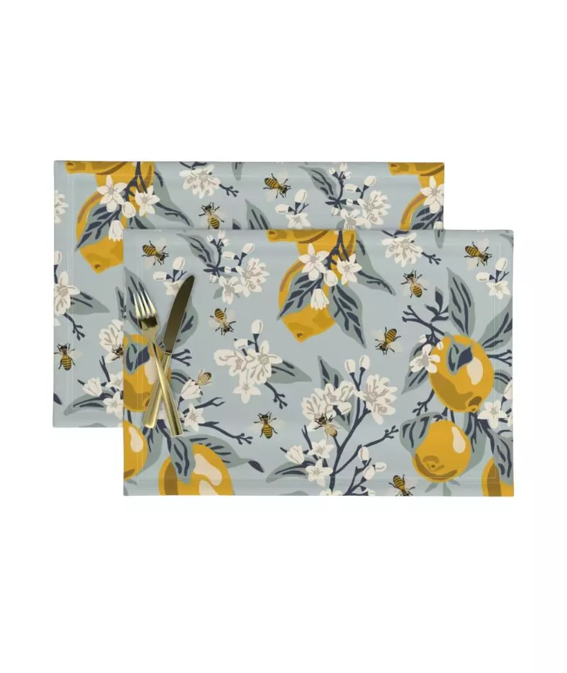 Spoonflower - Bees & Lemons - Large - Blue Placemats by fernlesliestudio