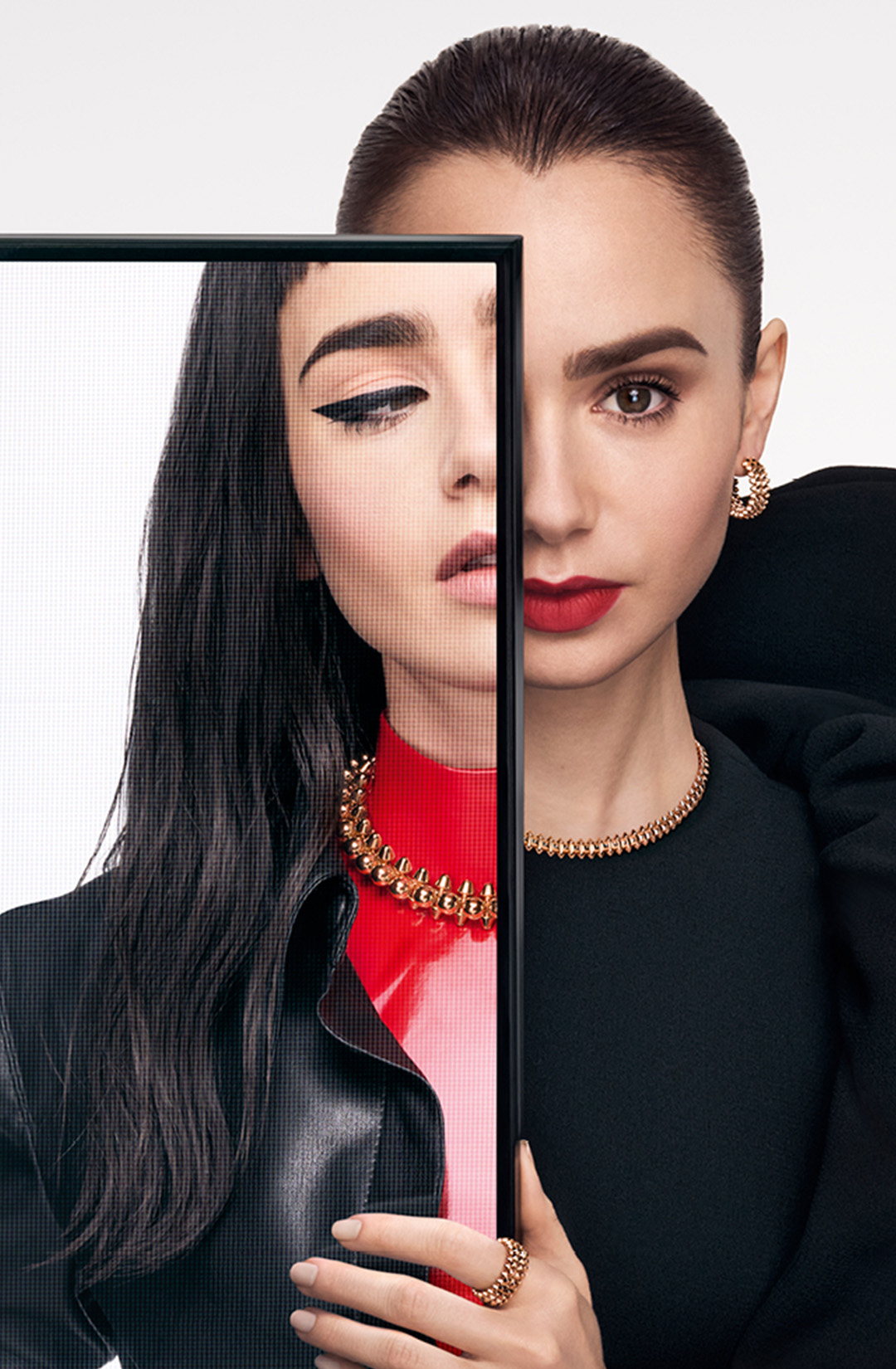 Chic dual-faced portrait highlighting a black leather jacket and vibrant red top adorned with golden accessories%2C featuring Cartier jewelry