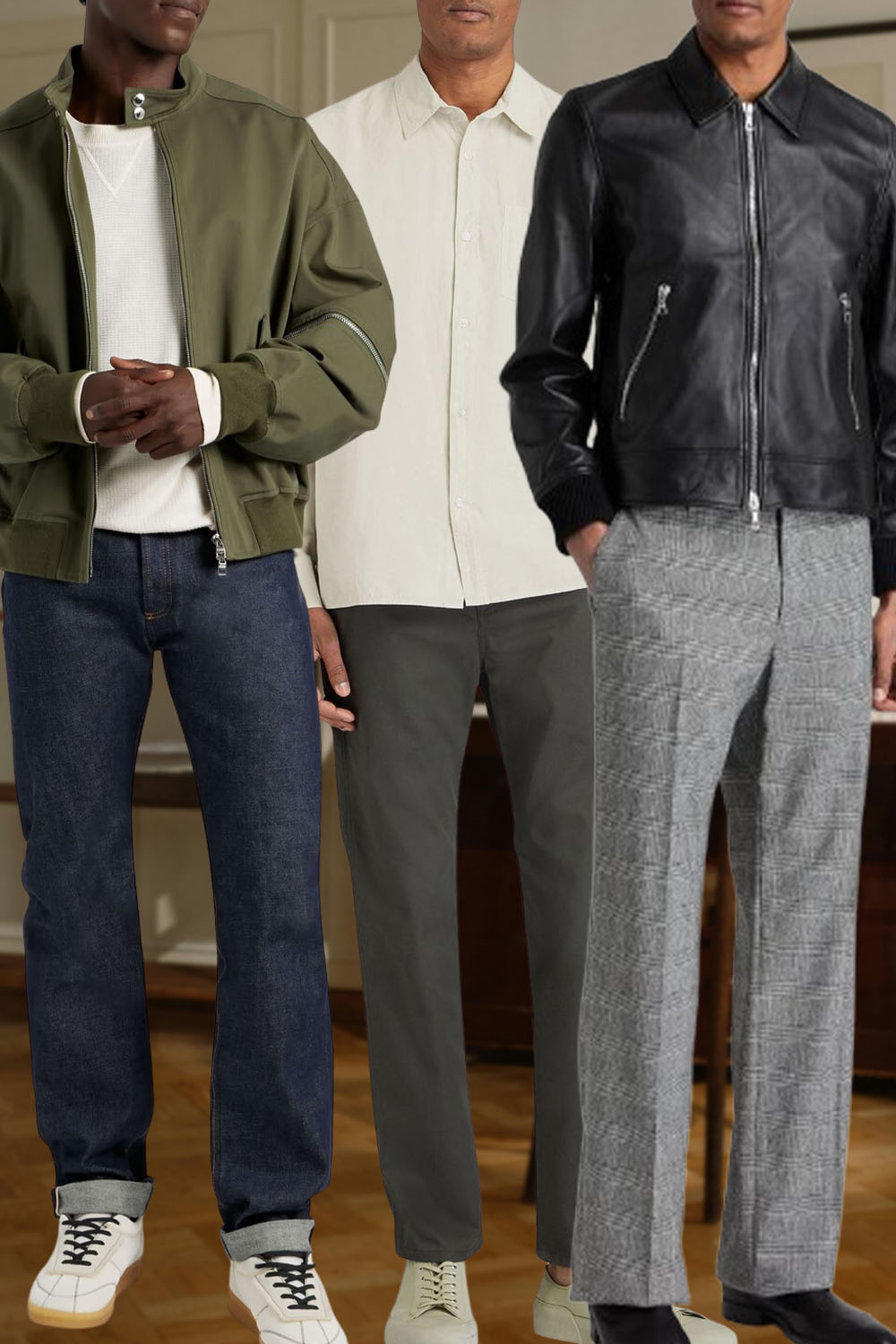 Contemporary menswear styles featuring an olive green bomber jacket%2C white sweater%2C gray trousers%2C and black leather jacket with houndstooth pants