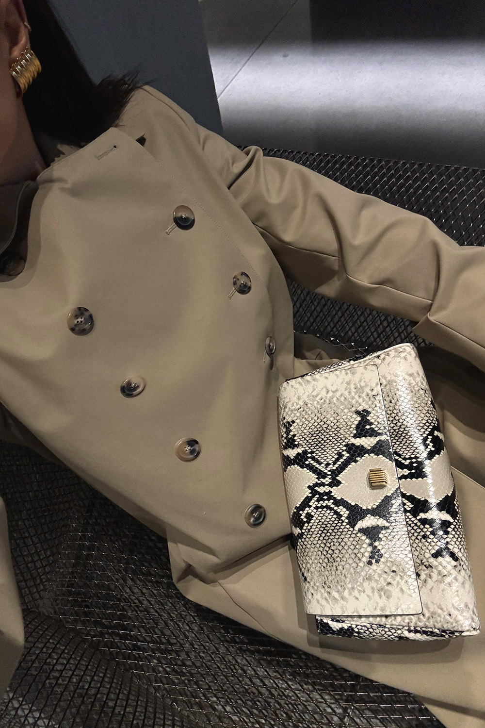 Chic designer clutch bag features a striking black and white python print%2C styled elegantly with a taupe double-breasted trench coat