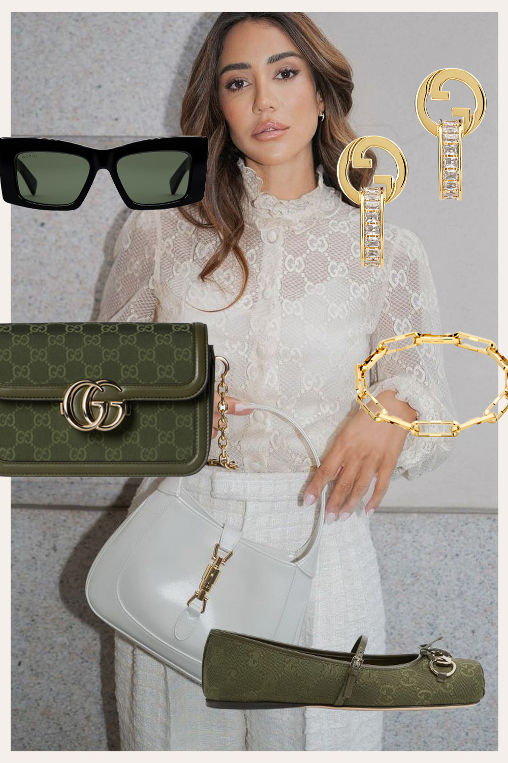 Gucci outfit featuring an elegant white sheer blouse%2C a green GG monogram mini hobo bag%2C and stylish black sunglasses%2C perfect for brunch outings