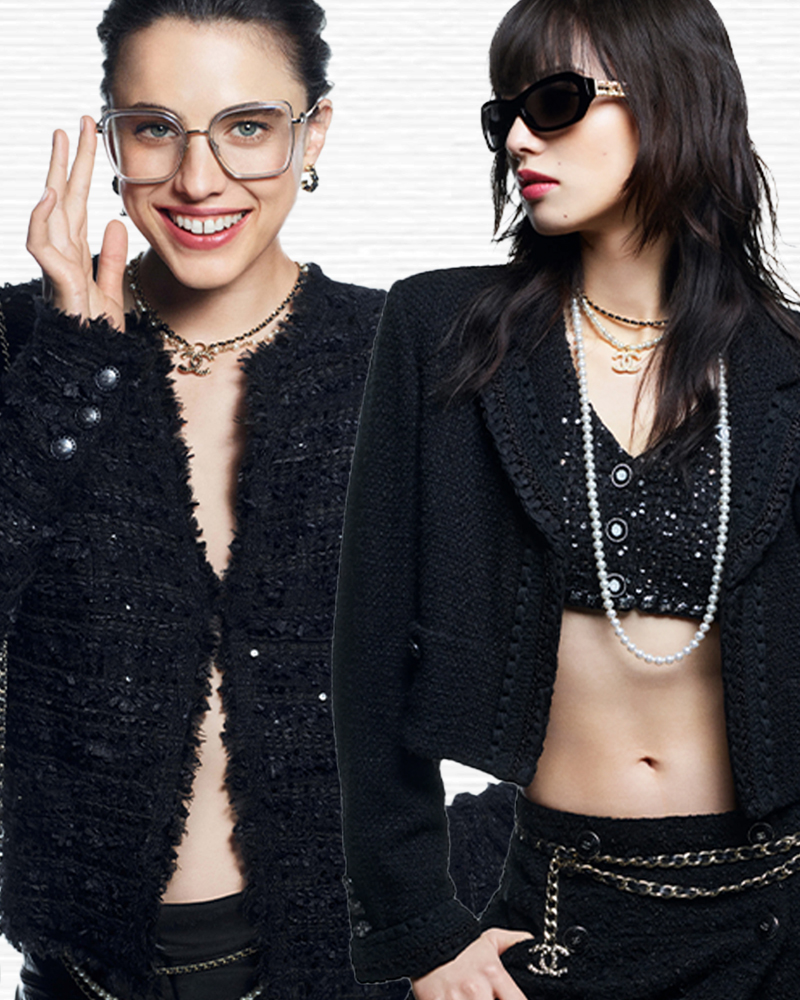 Chanel eyewear collection features two models%3A one in chic oversized glasses%2C the other in stylish black sunglasses%2C both styled in elegant black outfits with pearls
