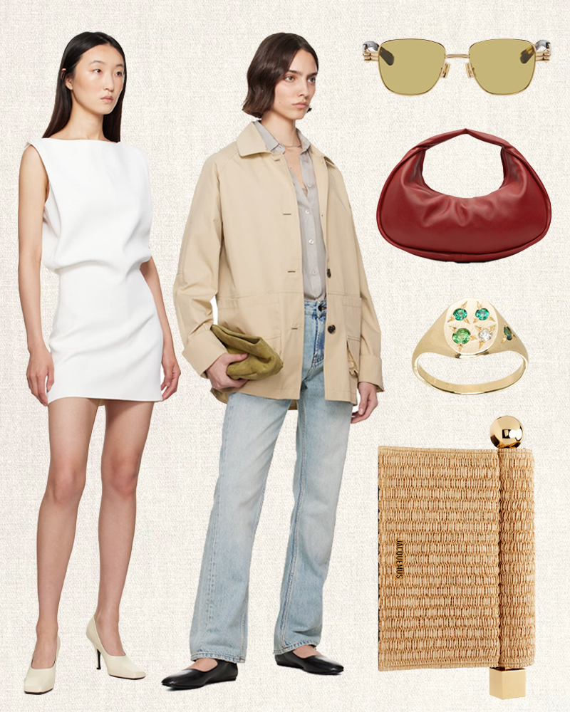 Two models showcase late summer wardrobe staples from SSENSE%3A a white structured dress%2C beige oversized coat%2C and trendy accessories including a red hobo bag%2C gold ring with emerald accents%2C chic sunglasses%2C and a woven clutch