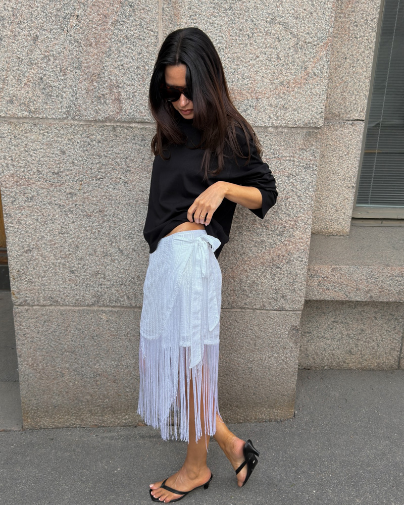 Woman in a black long-sleeve top and white fringed crochet midi skirt with kitten-heel sandals%2C styled on a city sidewalk backdrop