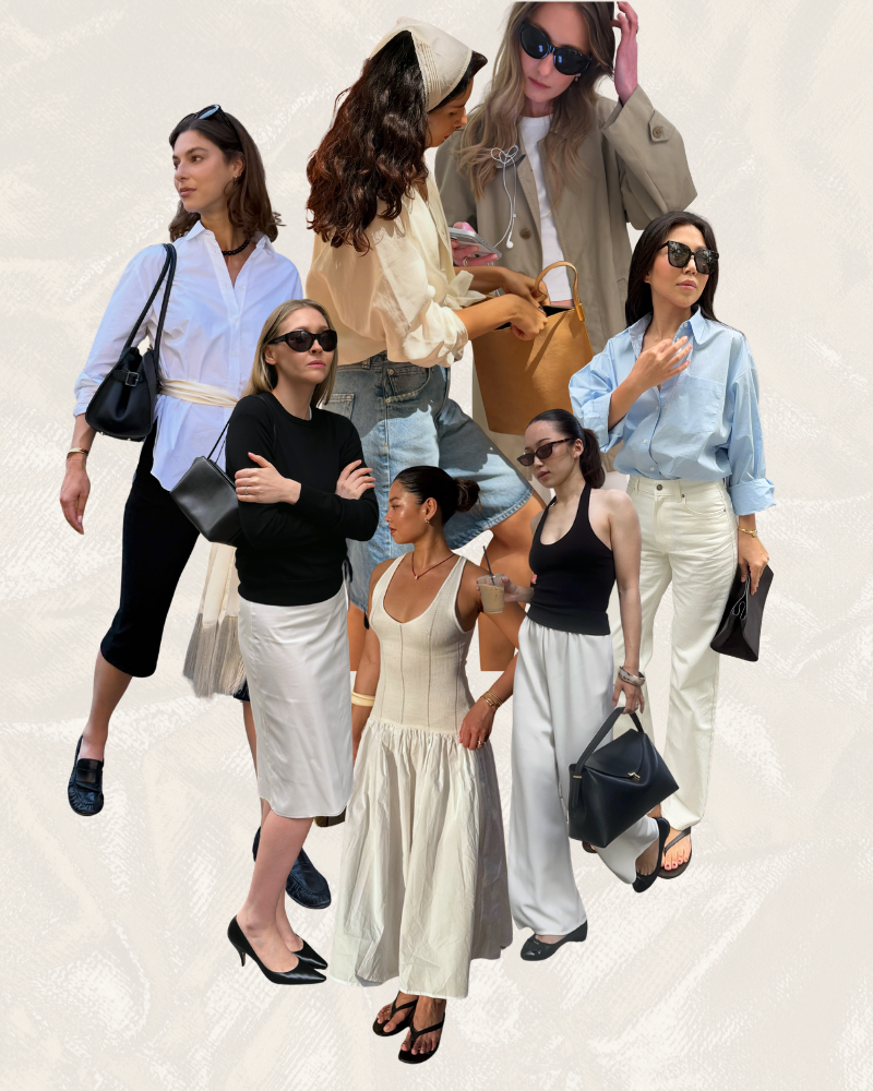 Stylish summer outfits in London showcasing a mix of light fabrics%2C from oversized white shirts to chic dresses%2C paired with trendy accessories
