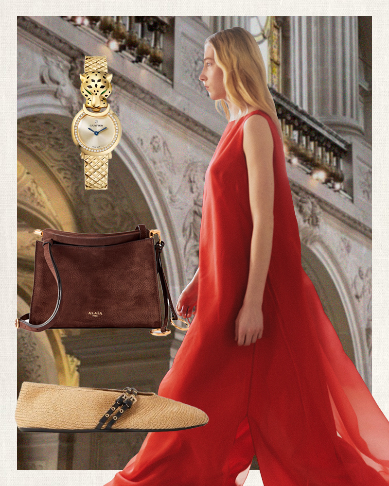 Ala%C3%AFa suede handbag in rich brown%2C paired with chic beige flats featuring stylish black accents%2C alongside a Cartier gold watch with a leopard motif%2C worn with a flowing red maxi dress against an elegant backdrop