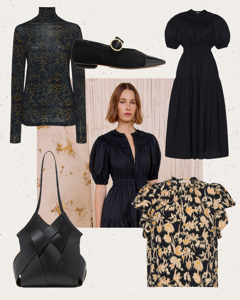 Ulla Johnson Fall collection features a chic black puff-sleeve dress%2C a sheer long-sleeve top with floral patterns%2C stylish black flats%2C and a woven leather bag%2C perfect for office attire