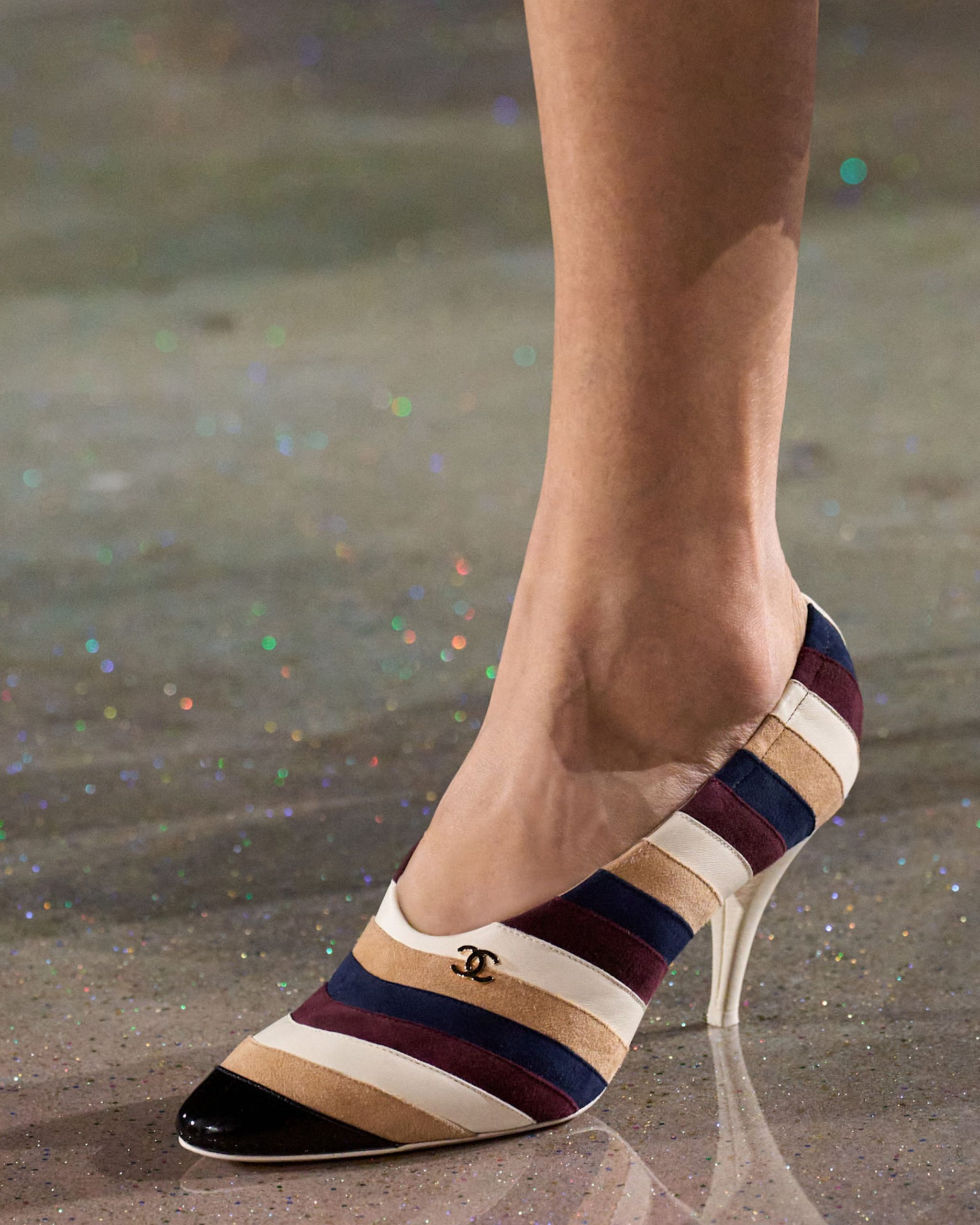 Chanel striped suede and leather pointed-toe pump with navy%2C burgundy%2C beige%2C and white color blocks and gold logo detail