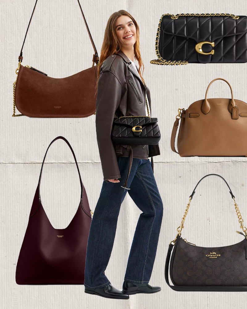 Coach handbag edit featuring a model in a leather jacket and jeans surrounded by quilted%2C suede%2C and signature-canvas shoulder bags