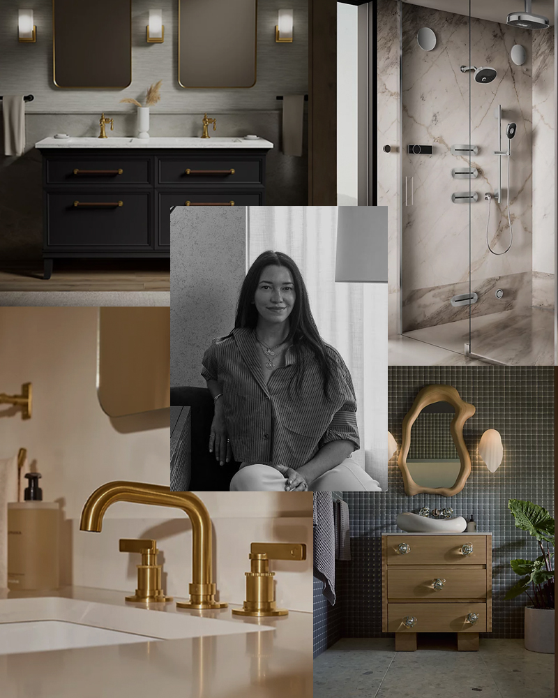 Collage featuring modern Kohler bathroom designs with brass fixtures%2C sculptural mirrors%2C marble shower details%2C and a central portrait in a soft neutral setting