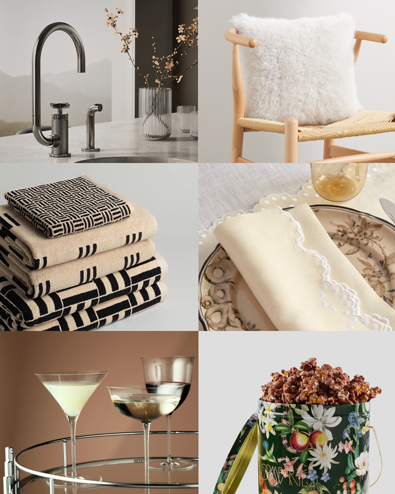 Holiday hosting gift guide featuring modern home accents%E2%80%94textured throw pillows%2C patterned towels%2C scalloped napkins%2C elegant glassware%2C and gourmet treats arranged in a warm%2C inviting layout