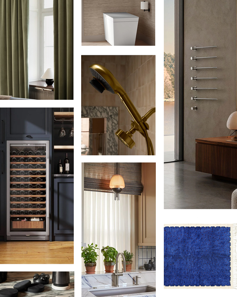 Design collage featuring brass shower fixtures%2C wine fridge%2C towel warmers%2C and modern kitchen and bath accents in warm neutrals