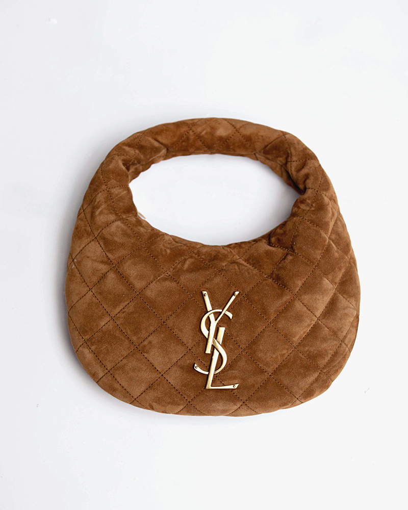 Saint Laurent quilted suede hobo bag in warm brown with oversized gold YSL logo detail