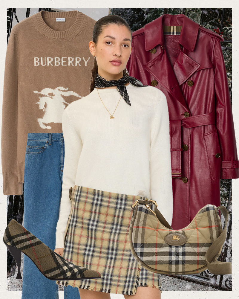 Model styled in Burberry plaid skirt and knit sweater with trench coat%2C hobo bag and heels%2C layered in a winter fashion collage