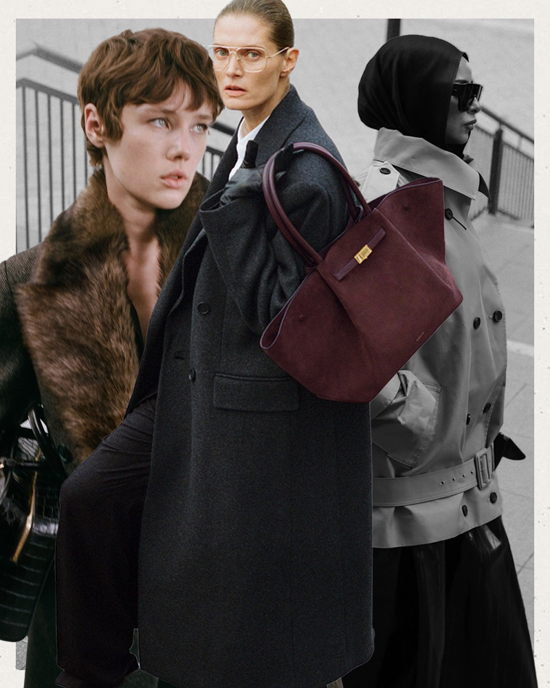 Street style collage featuring tailored winter coats with a burgundy suede tote bag%2C styled on models against an urban city backdrop