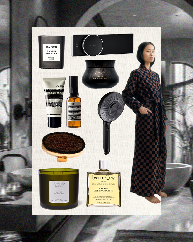 Curated at-home spa gift guide featuring a checkered robe%2C Kohler smart shower controls%2C Aesop skincare%2C candles%2C and luxe bath essentials